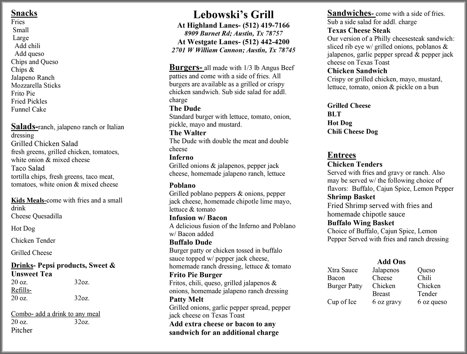 Highland Lanes > LEBOWSKI'S GRILL